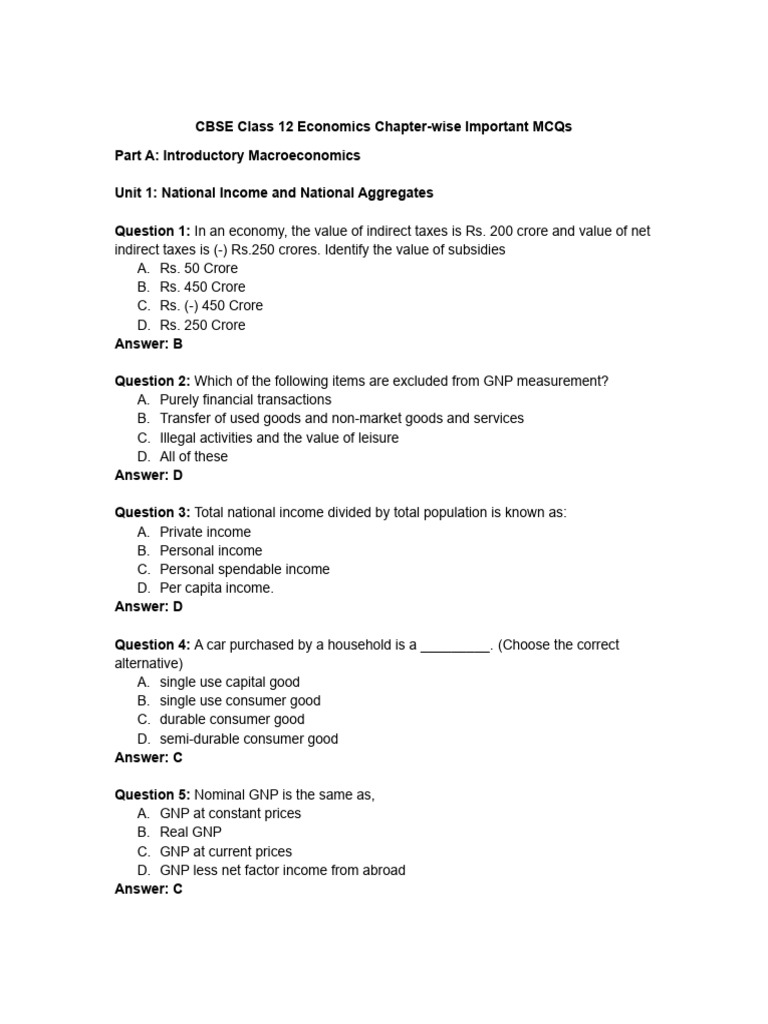 Cbse Class 12 Economics Important MCQ | PDF | Fiscal Multiplier | Government Budget Balance