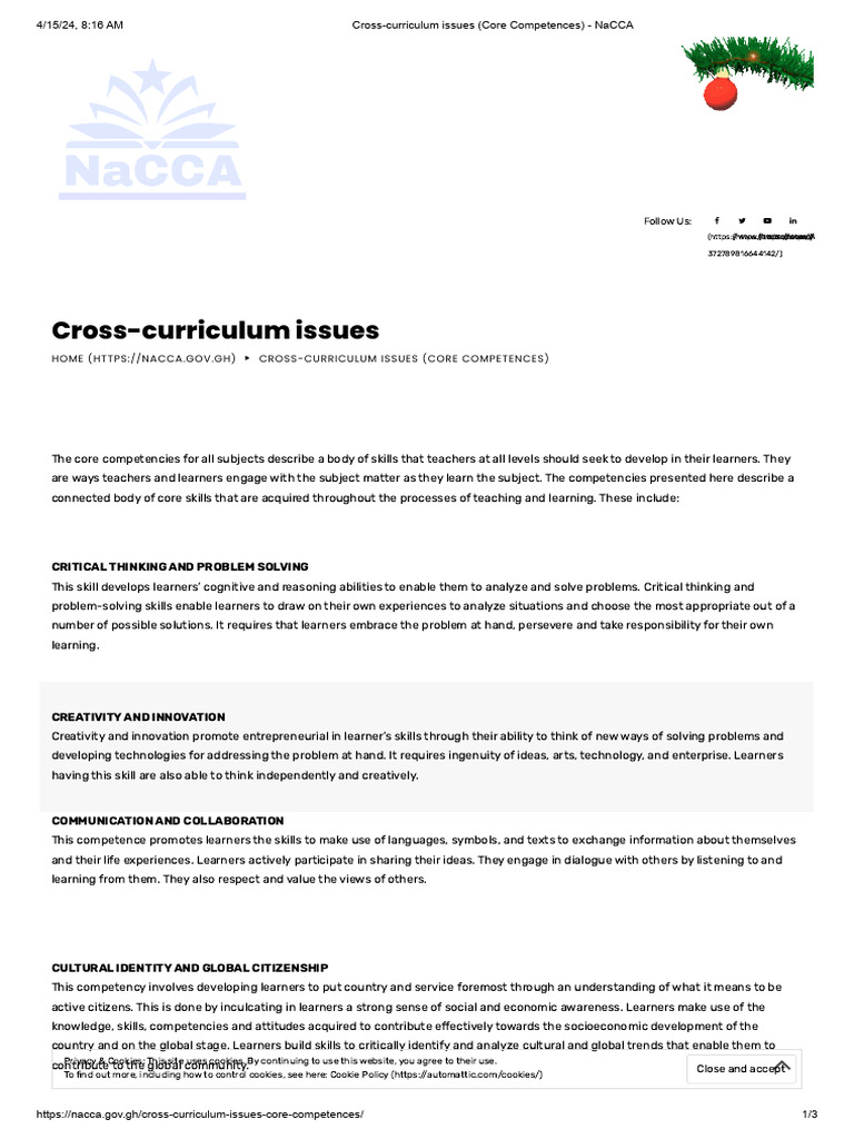 Cross-Curriculum Issues (Core Competences) - NaCCA | PDF | Learning ...