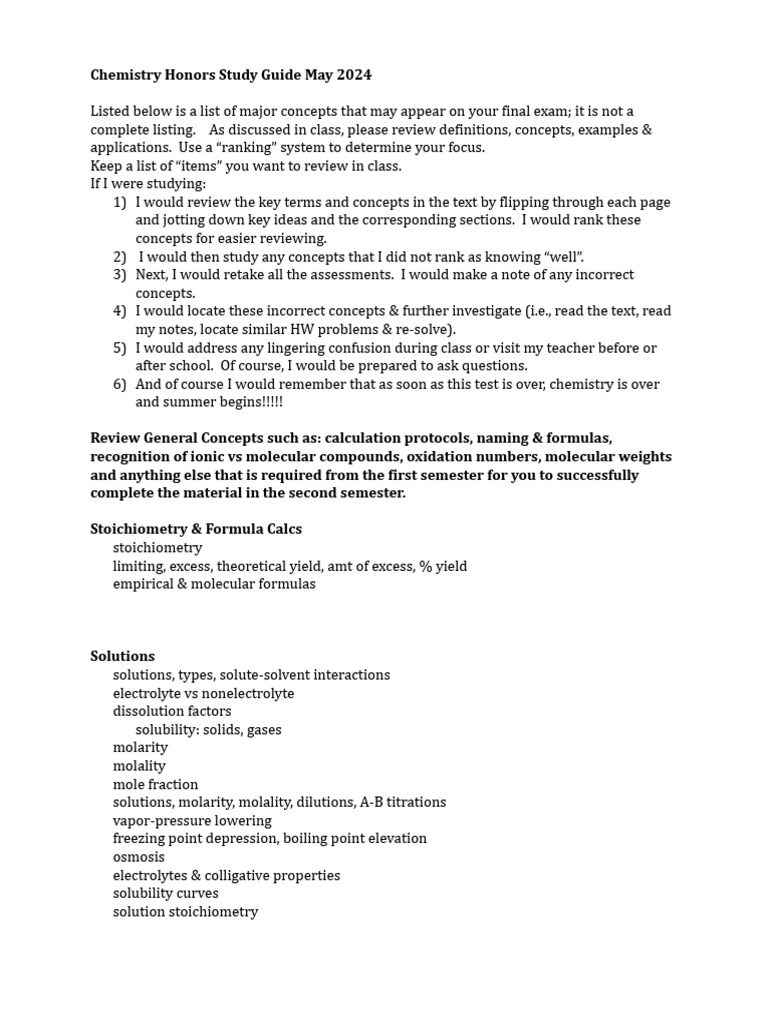 Chemistry Honors Study Guide May 2024 | PDF | Chemical Bond | Gases