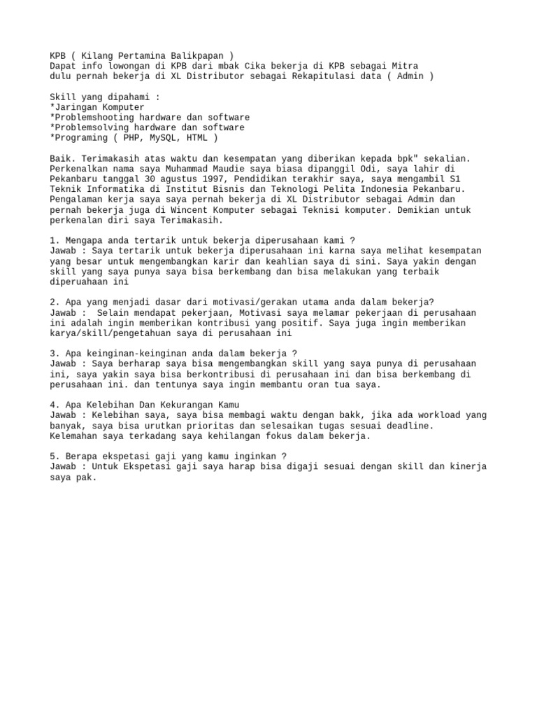 KPB (Kilang Pertamina Balikpapan) | PDF | Bisnis | Pengembangan Diri