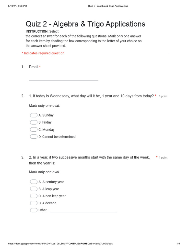 Quiz 2 - Algebra & Trigo Applications - Google Forms | PDF | Mathematics