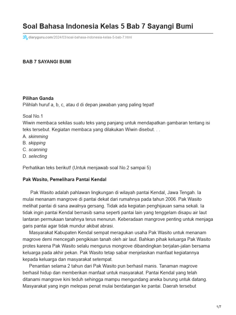 Soal Bahasa Indonesia Kelas 5 Bab 7 Sayangi Bumi | PDF