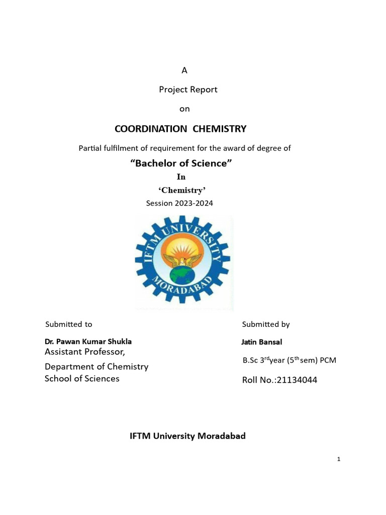 Coordination Chemistry "Bachelor of Science": A Project Report On | PDF ...