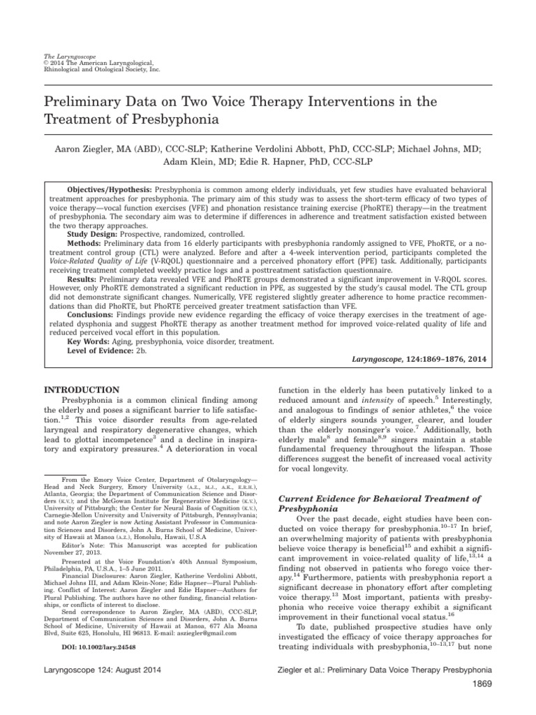 Preliminary Data On Two Voice Therapy Interventions in The Treatment of ...