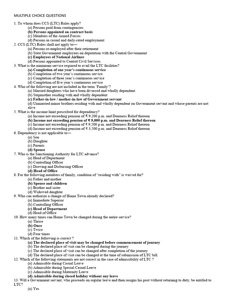 MCQ On LTC Rules | PDF | Fare | Stepfamily