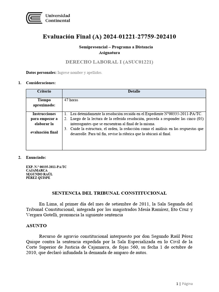 Examen Final Derecho Laboral I 27759 | PDF | Sentencia (ley) | Derecho laboral