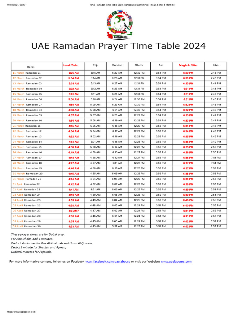 Ramadan Time Table 2024 UAE, Ramadan Prayer Timings, Imsak, Seher & Iftar Time | Download Free ...