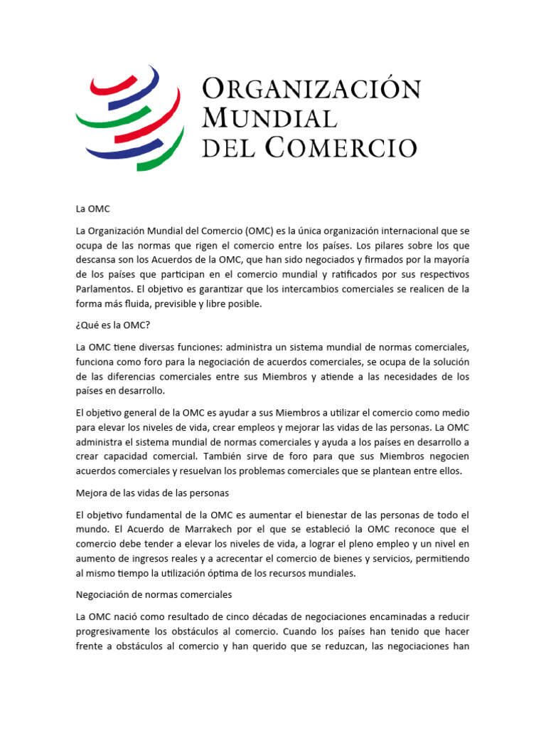 Funciones y objetivos de la OMC | PDF | Organización de Comercio ...