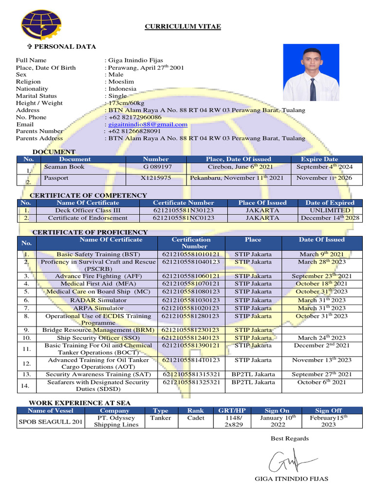 CV Giga Itnindio Fijas | PDF | Ships | Water Transport
