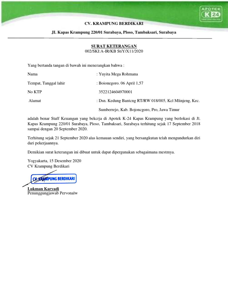 Surat Keterangan Pengunduran Diri Yuyita | PDF