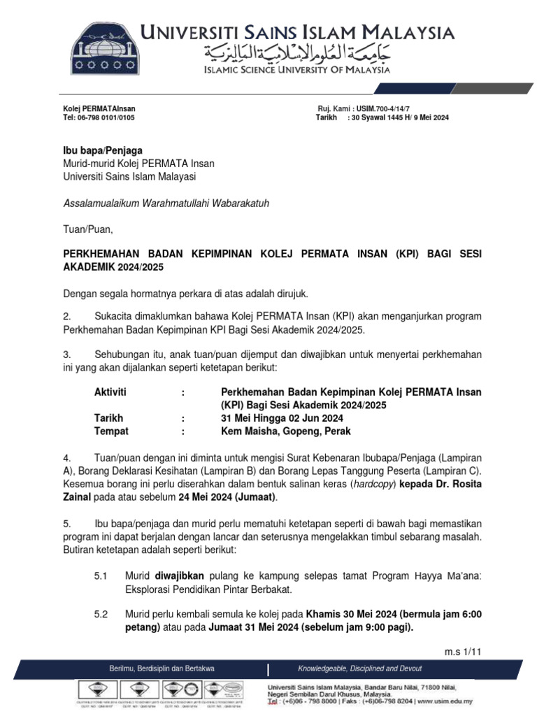 Surat Makluman Perkhemahan Badan Kepimpinan | PDF