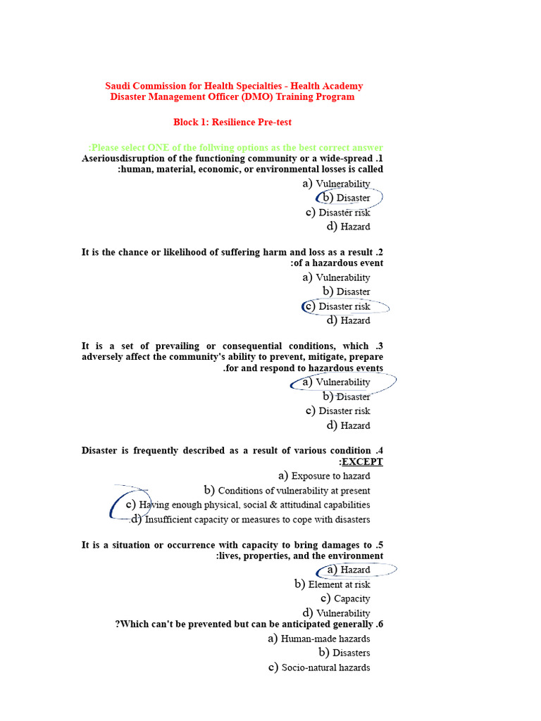 Block 1 - Resilience Pre-Test | PDF | Hazards | Vulnerability
