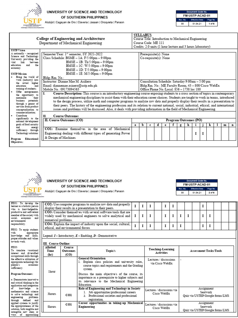 ME111 Introduction To ME Syllabus | PDF | Engineering | Science