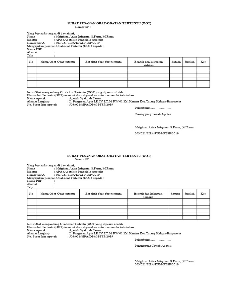 Surat Pesanan Obat OOT Apotek Syakirah | PDF