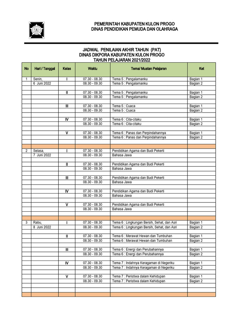 Jadwal PAT Dinas Dikpora Kulon Progo | PDF | Sains & Matematika