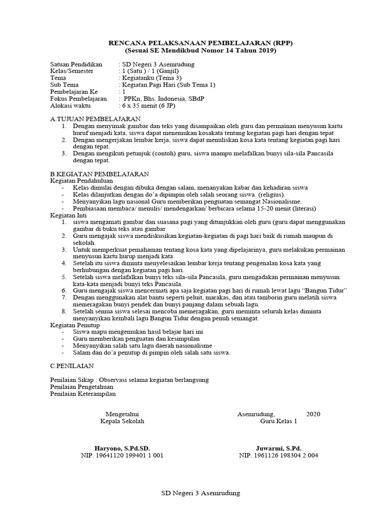 RPP 1 Lembar Kelas 1 Tema 3 Subtema 1 Ok | PDF