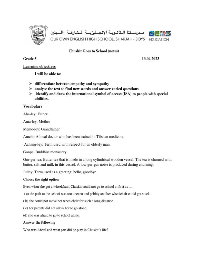 Chuskit Goes to School: Grade 5 Notes | PDF
