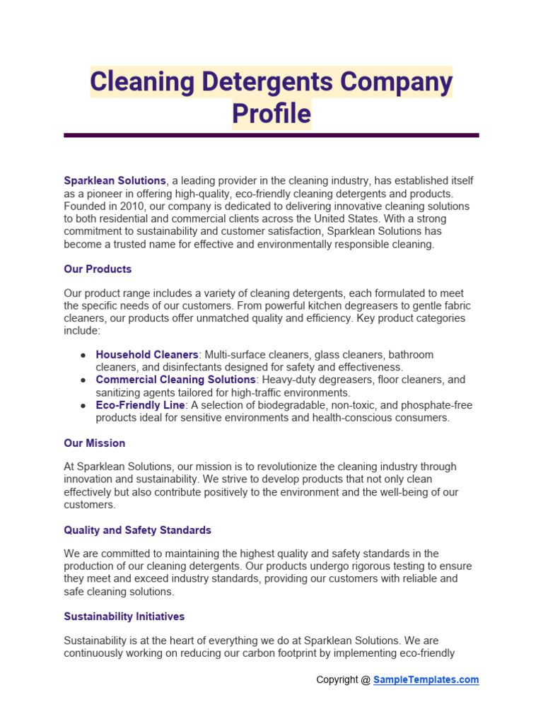 Cleaning Detergents Company Profile | PDF | Sustainability | Detergent