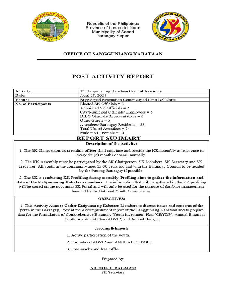 BRGY.SAPAD KK 1ST GEN.ASS POST-ACTIVITY REPORT | PDF | Youth ...