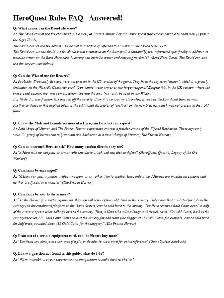 HeroQuest Rules FAQ | PDF | Role Playing Games