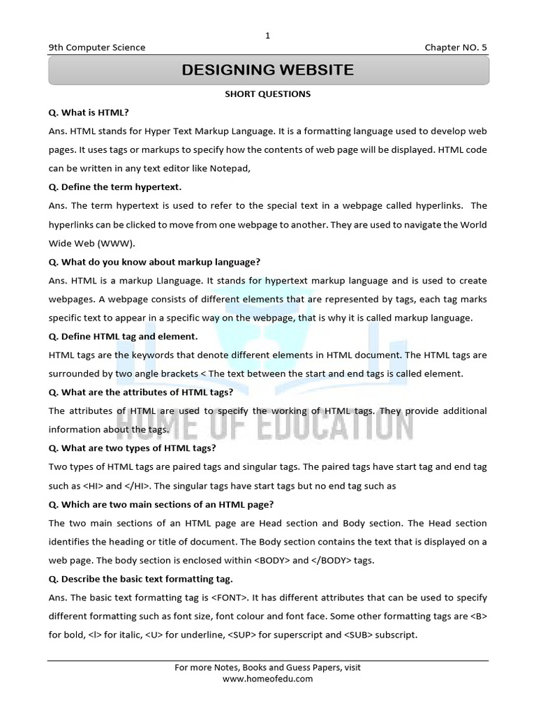 9th Class Computer Chapter No. 5 | PDF | Html Element | Html