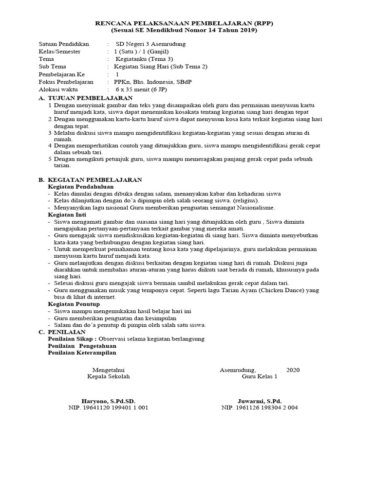 RPP 1 Lembar Kelas 1 Tema 3 Subtema 2 Ok | PDF