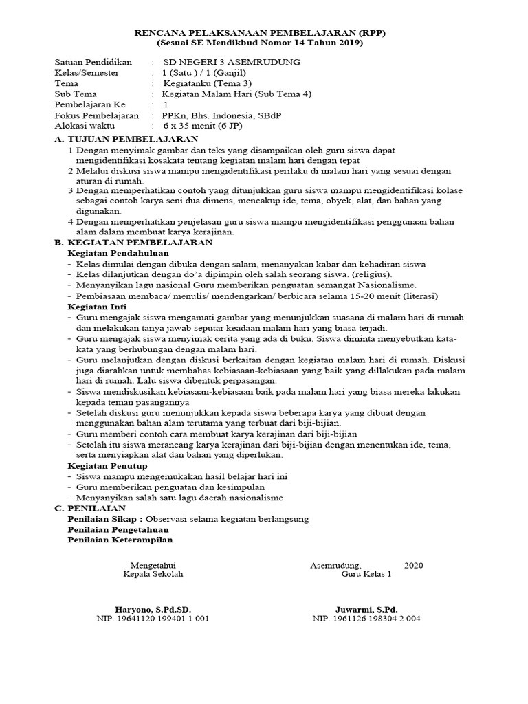 RPP 1 Lembar Kelas 1 Tema 3 Subtema 4 Ok | PDF