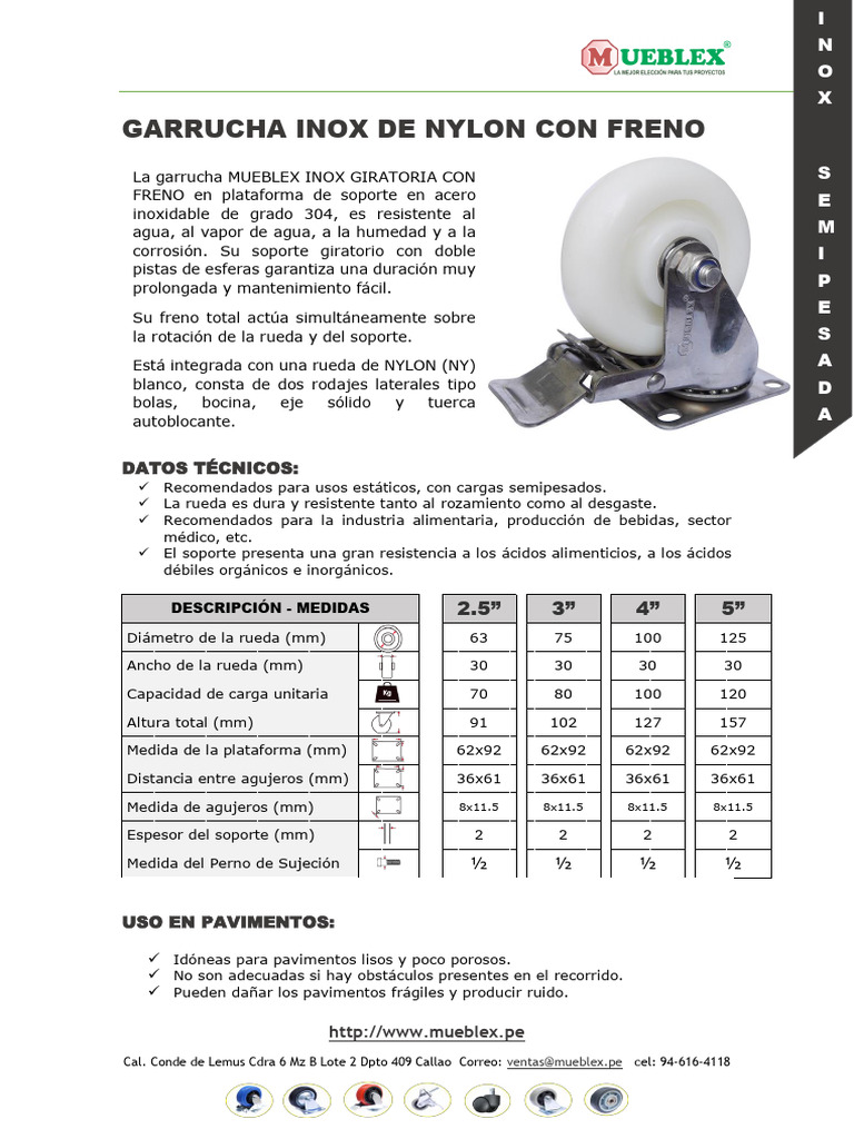 Garrucha Semipesada Inox de Nylon Con Freno | PDF | Acero inoxidable ...