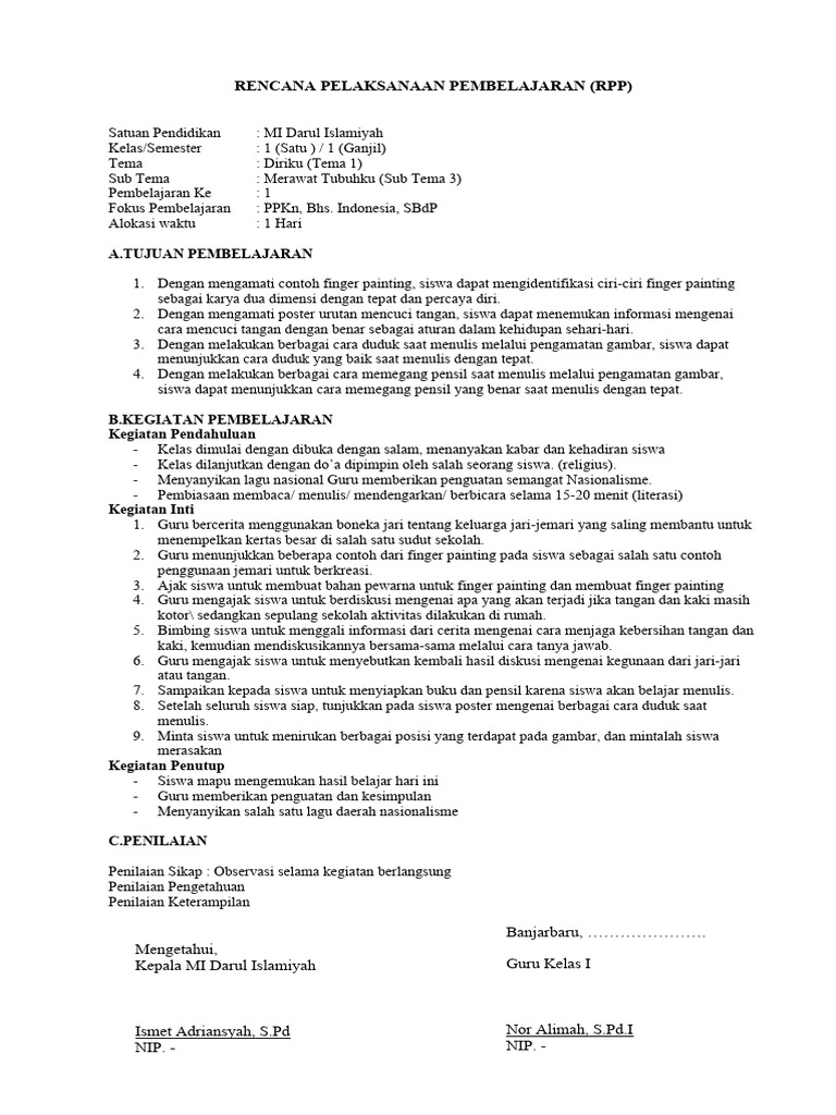 RPP 1 Lembar Kelas 1 Tema 1 Subtema 3 Ok | PDF