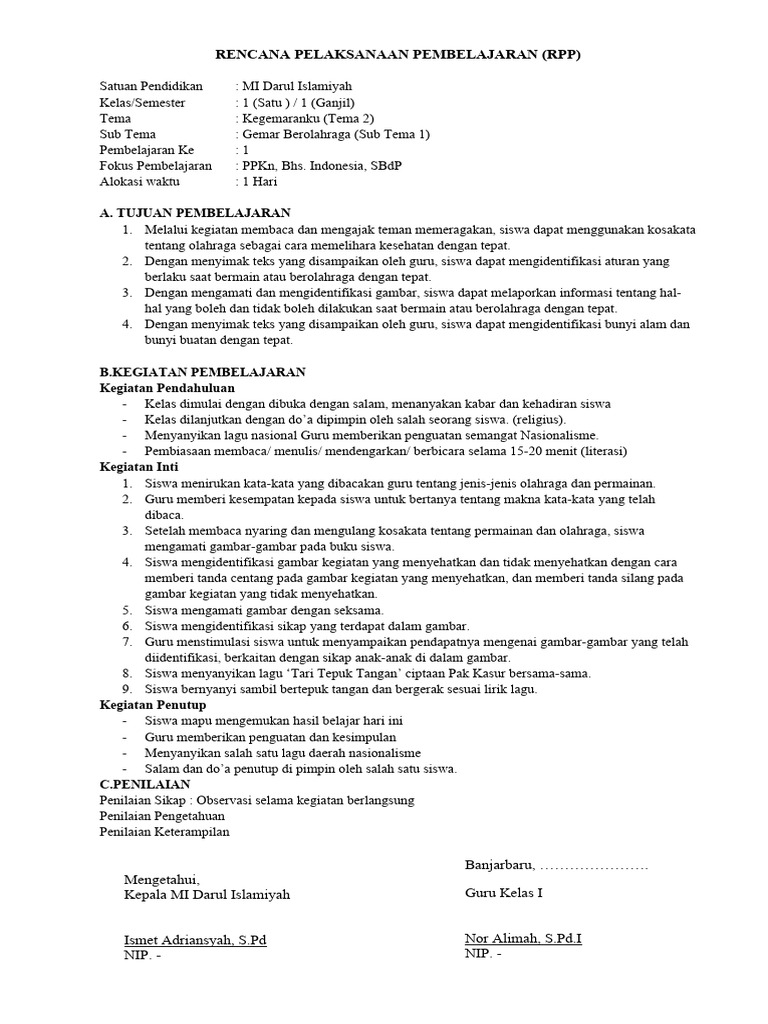 RPP 1 Lembar Kelas 1 Tema 2 Subtema 1 Ok | PDF | Karier & Perkembangan | Seni & Disiplin Bahasa