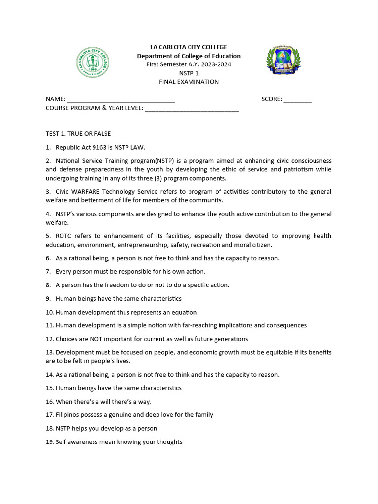 NSTP-1-FINAL-EXAM | PDF | Self Awareness | Reason