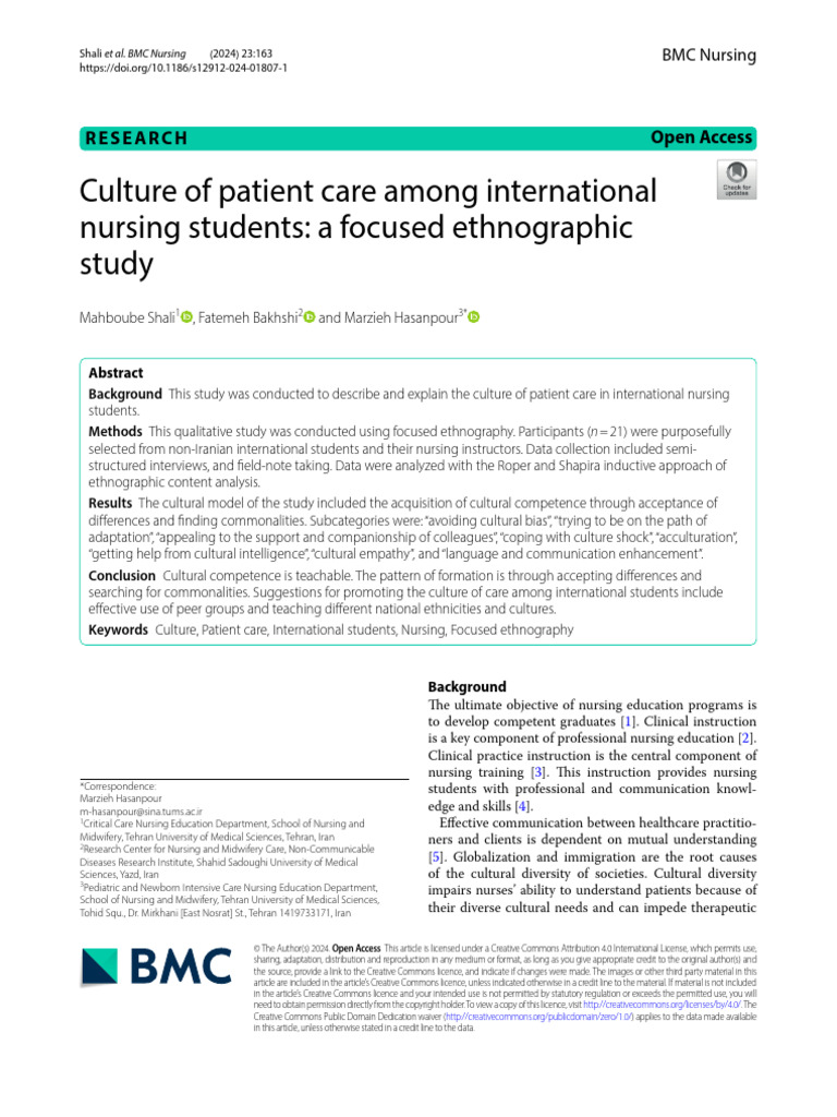 Culture of Patient Care Among International Nursing Students: A Focused ...
