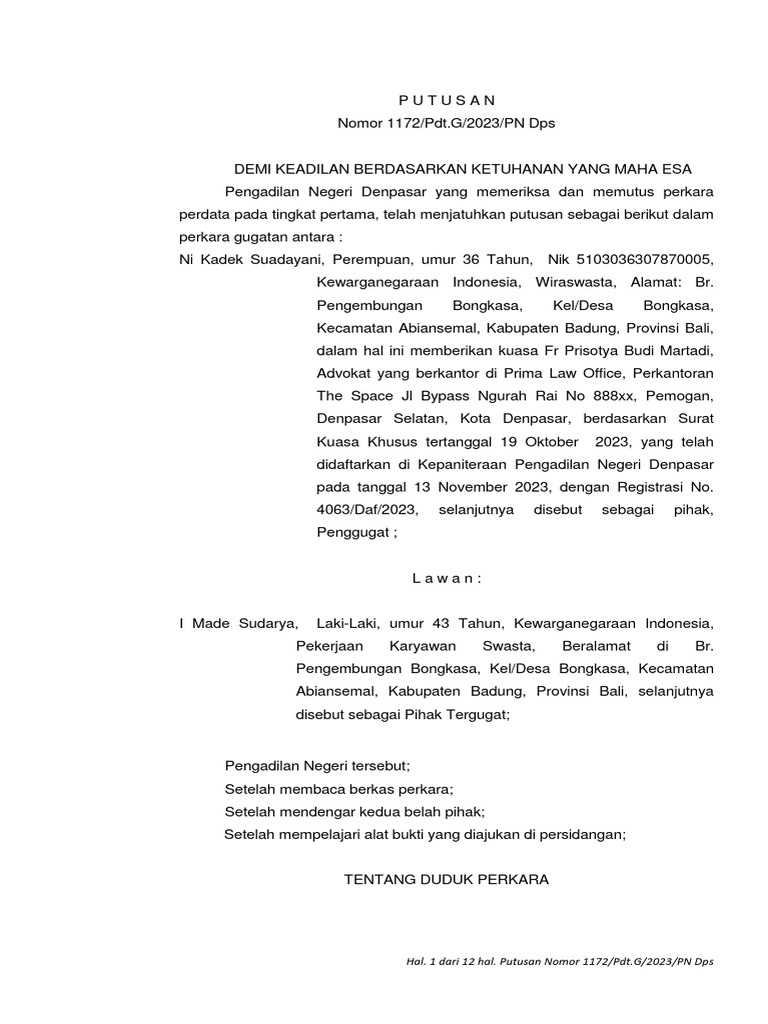 Salinan Putusan 1172 PDT G 2023 PN Dps | PDF