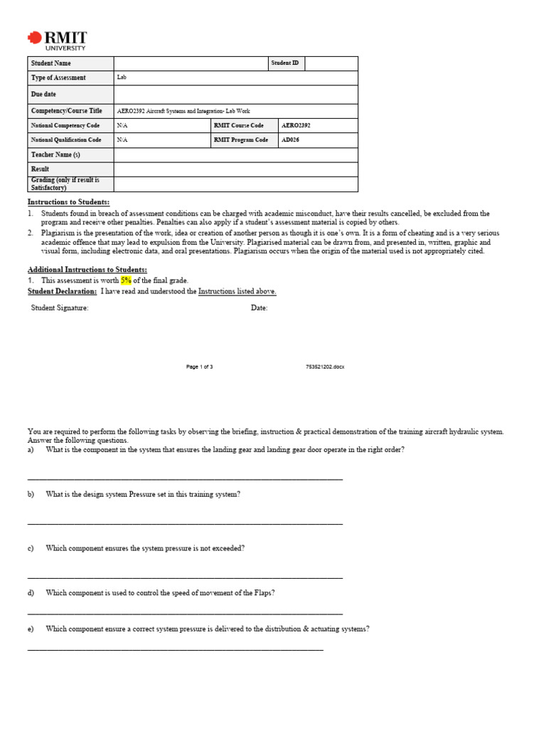 AERO2392 Aircraft Systems and Integration Hydraulic Rig Testing | PDF ...