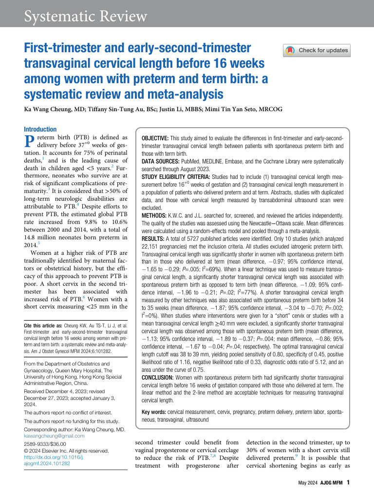 First Trimester and Early Second Trimester Transva | PDF | Preterm ...