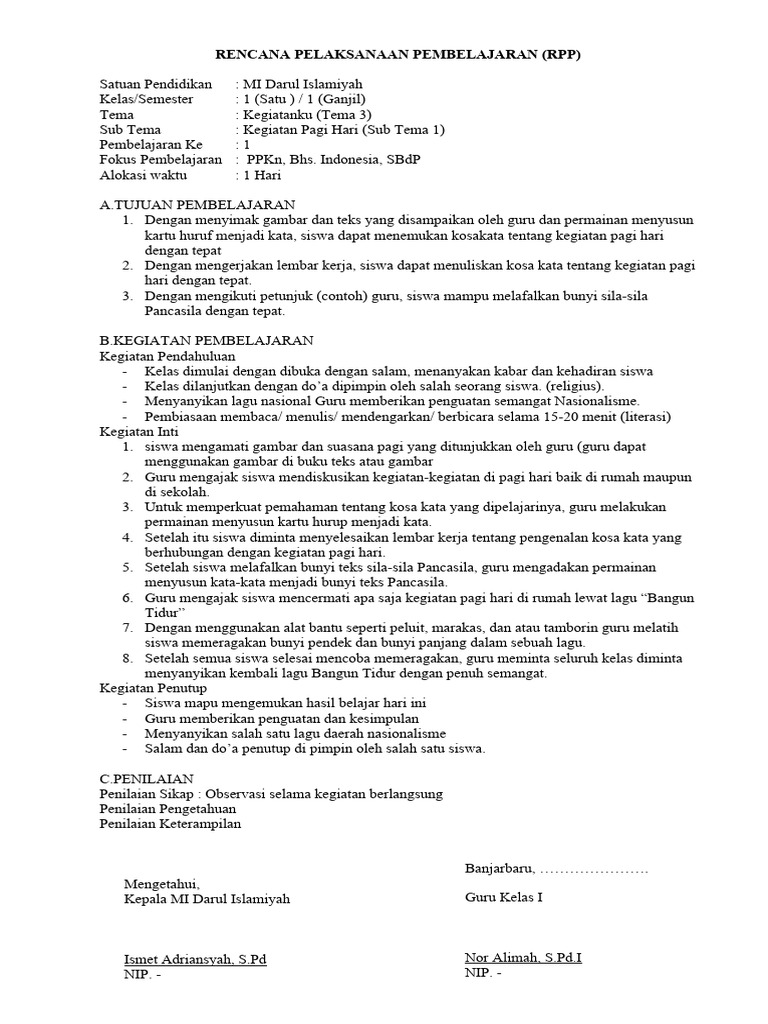 RPP 1 Lembar Kelas 1 Tema 3 Subtema 1 ok | PDF