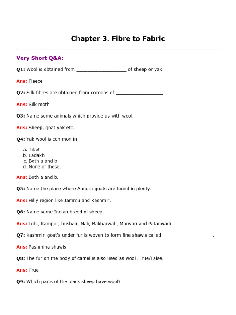 CBSE Class 7th Science Value Based Questions Chapter 3 Fibre To Fabric ...