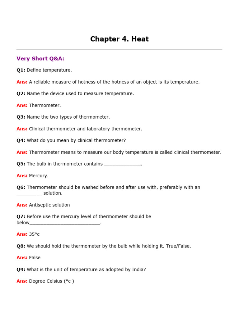 CBSE Class 7th Science Value Based Questions Chapter 4 Heat PDF ...