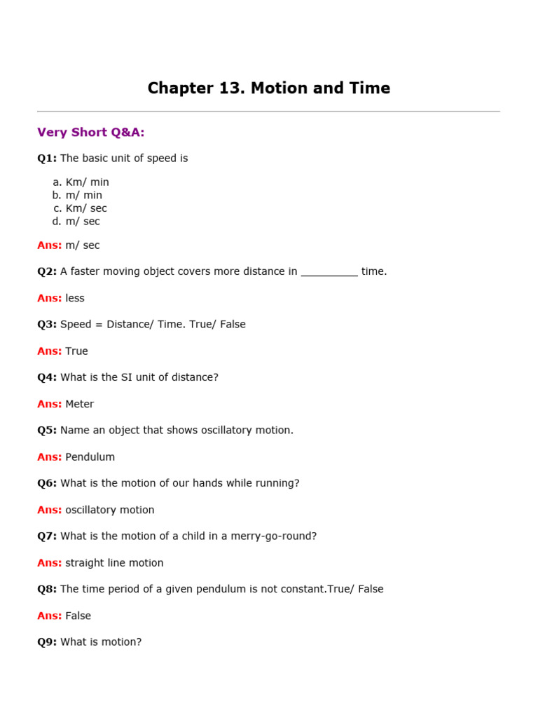Class 7 Motion and Time Q&A Guide | PDF | Speed | Pendulum