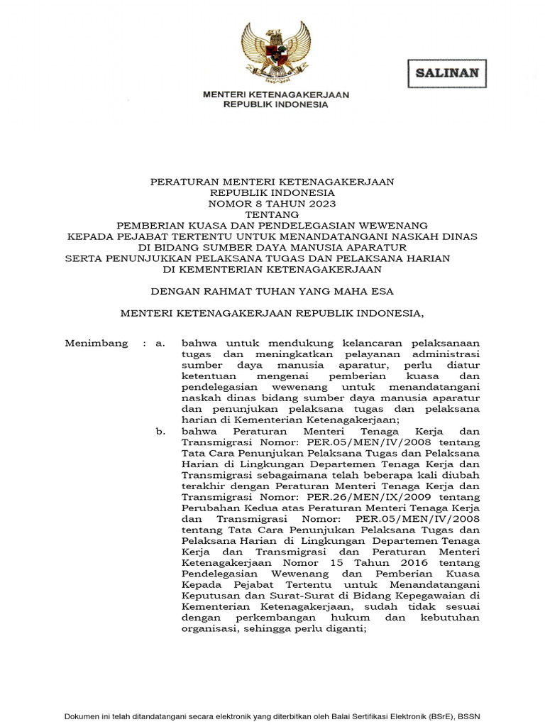 Peraturan Menaker RI Nomor 8 Tahun 2023 | PDF