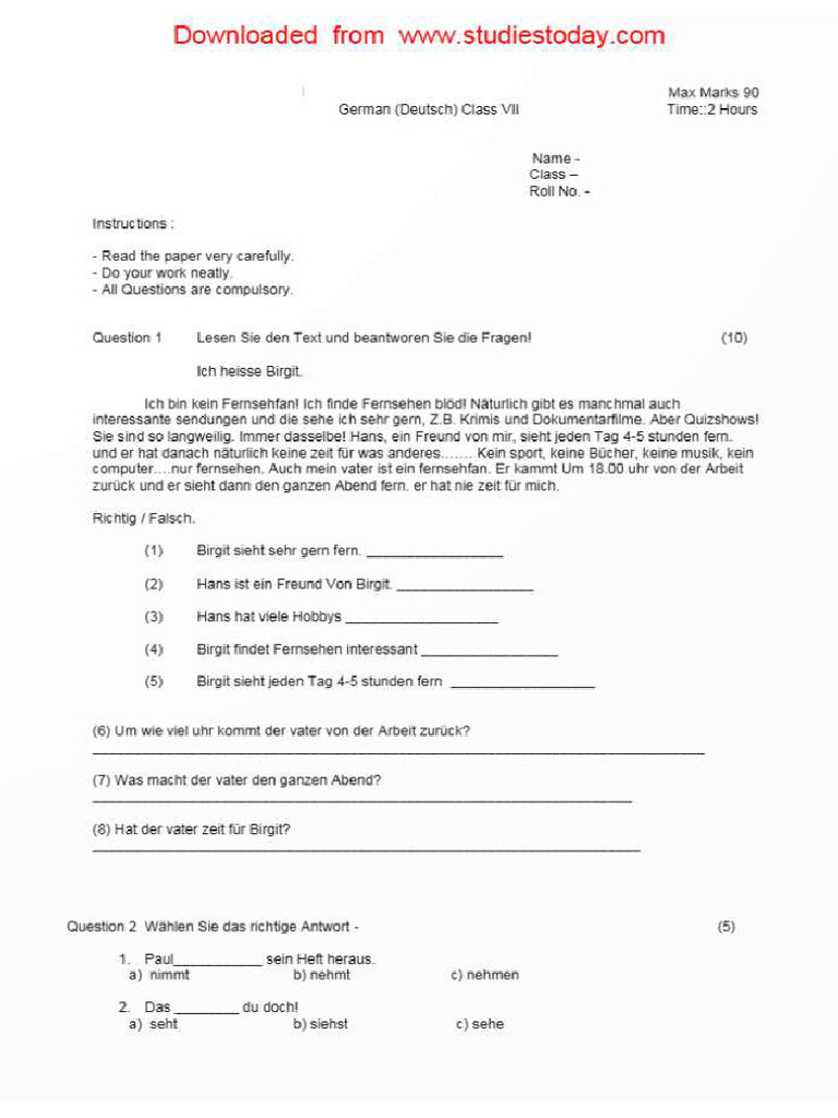 German Sample Paper CBSE Class 7 | PDF