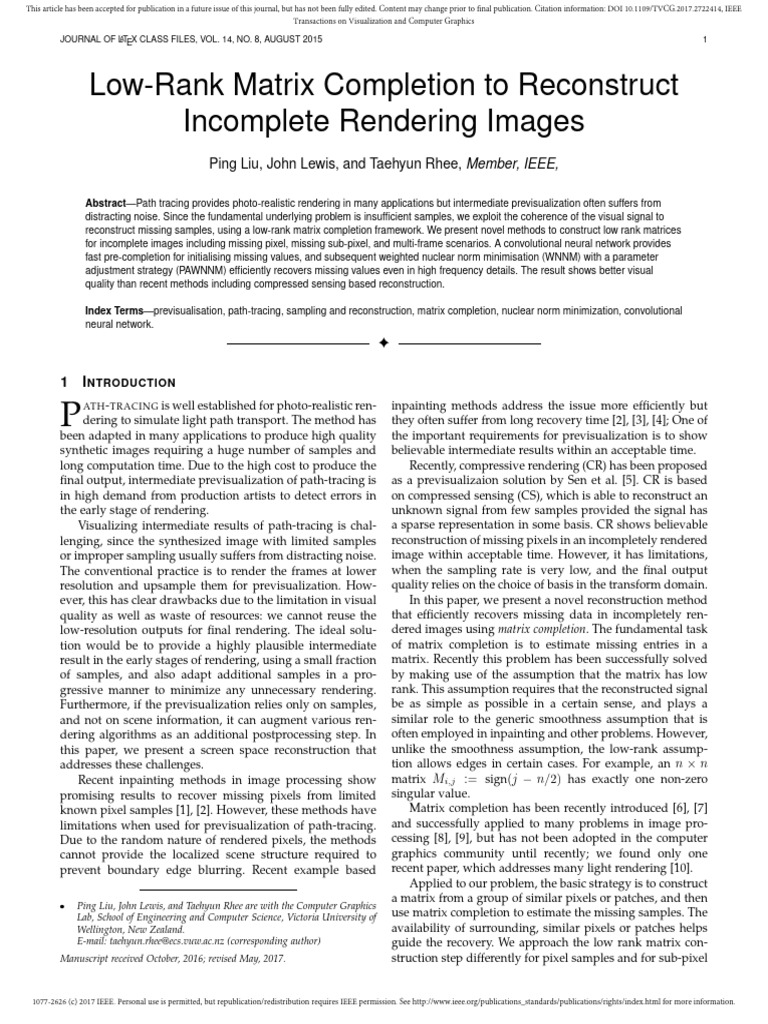 Low-Rank Matrix Completion To Reconstruct Incomplete Rendering Images | PDF | Rendering ...