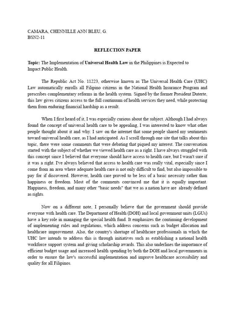 Uhc Law Essay Reflection | PDF | Universal Health Care | Health Care