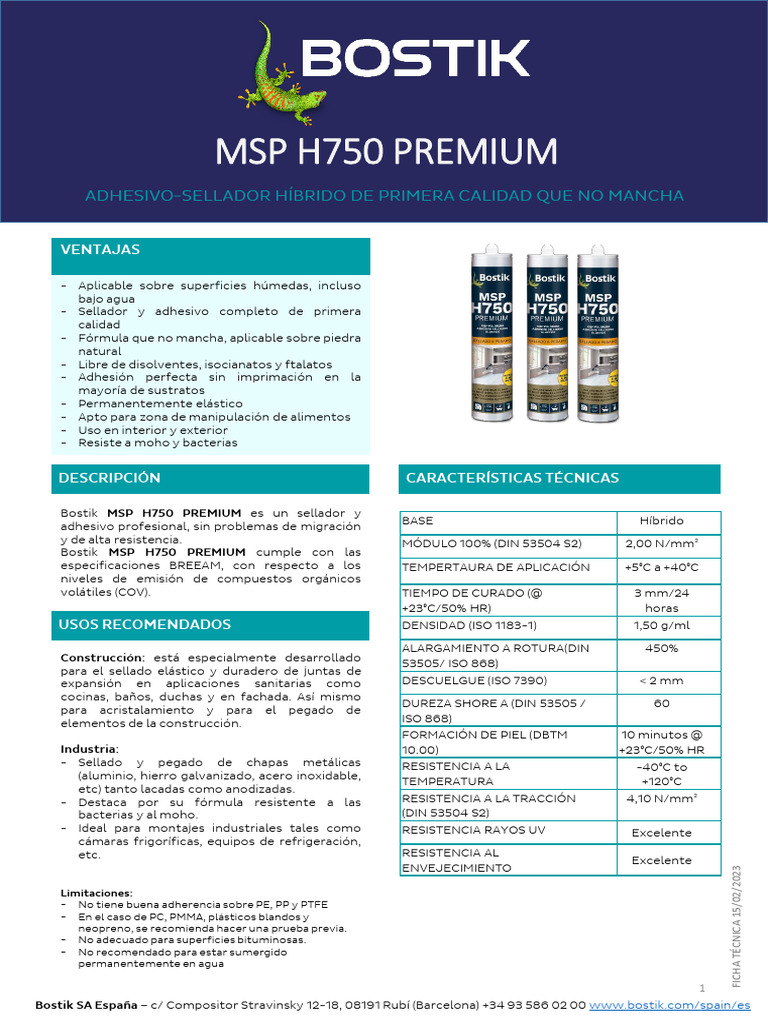 Bostik MSP H750: Adhesivo y Sellador Premium | PDF | Materiales