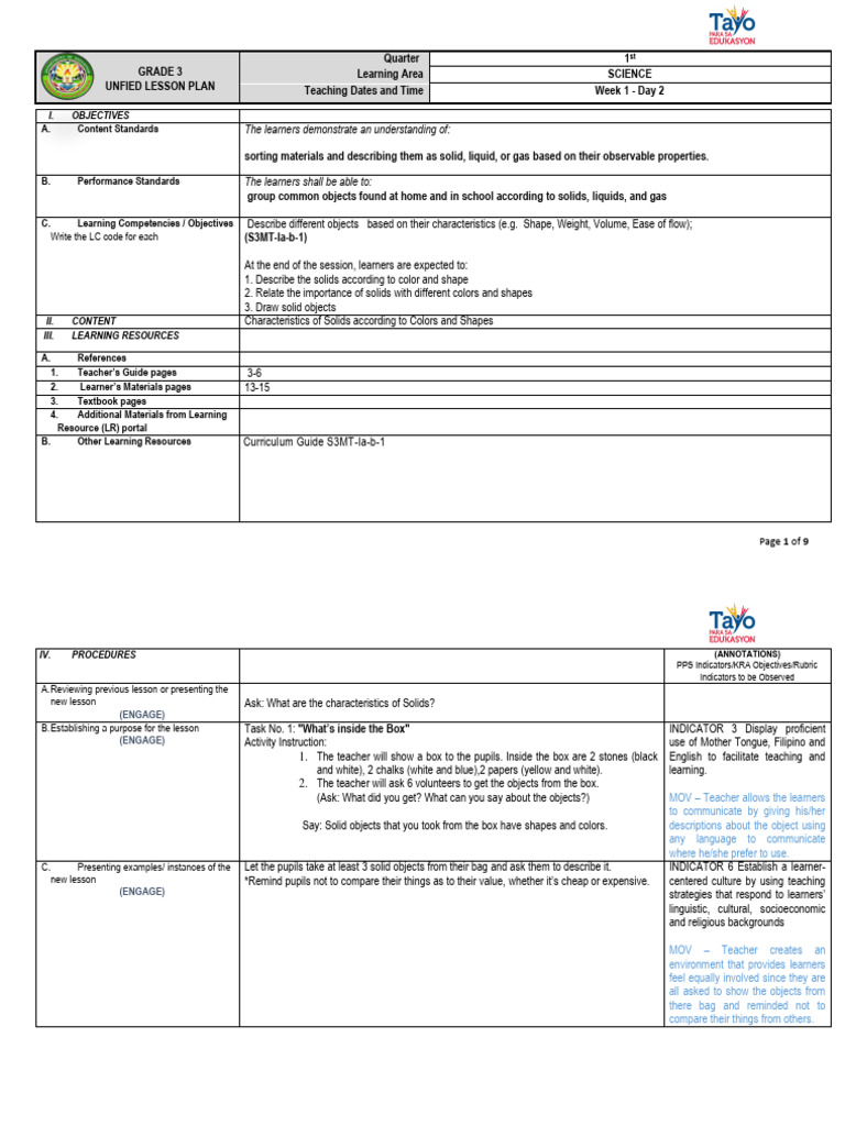 Grade 3 - 1ST Quarter - Week 1 - Day 2 | PDF | Learning | Teachers