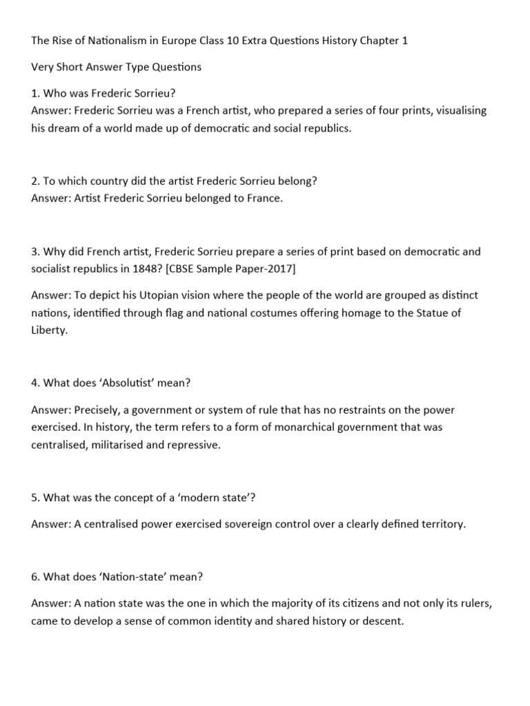 The Rise of Nationalism in Europe Class 10 Extra Questions History ...