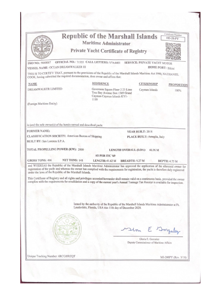 Certificate of Registry Ocean Dreamwalker III | PDF