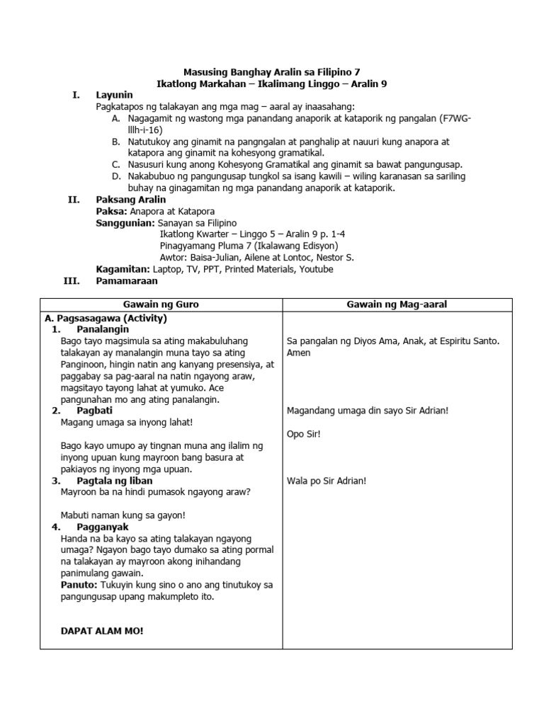 Masusing Banghay Aralin Sa Filipino 3 | PDF