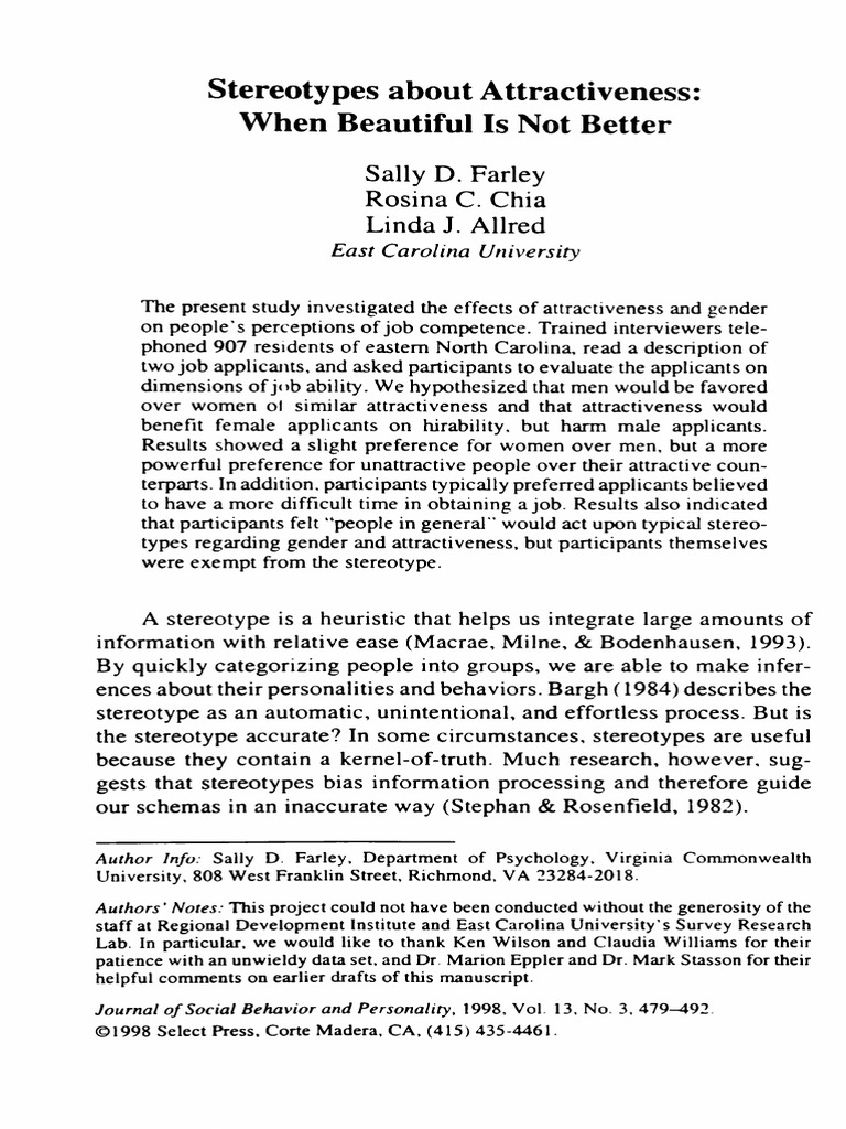 1998 Stereotypes About Attractiveness - When Beautiful Is Not Better ...