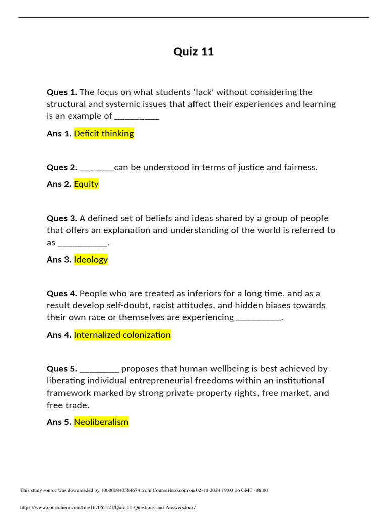 Quiz 11 Questions and Answers | PDF | Justice | Crime & Violence
